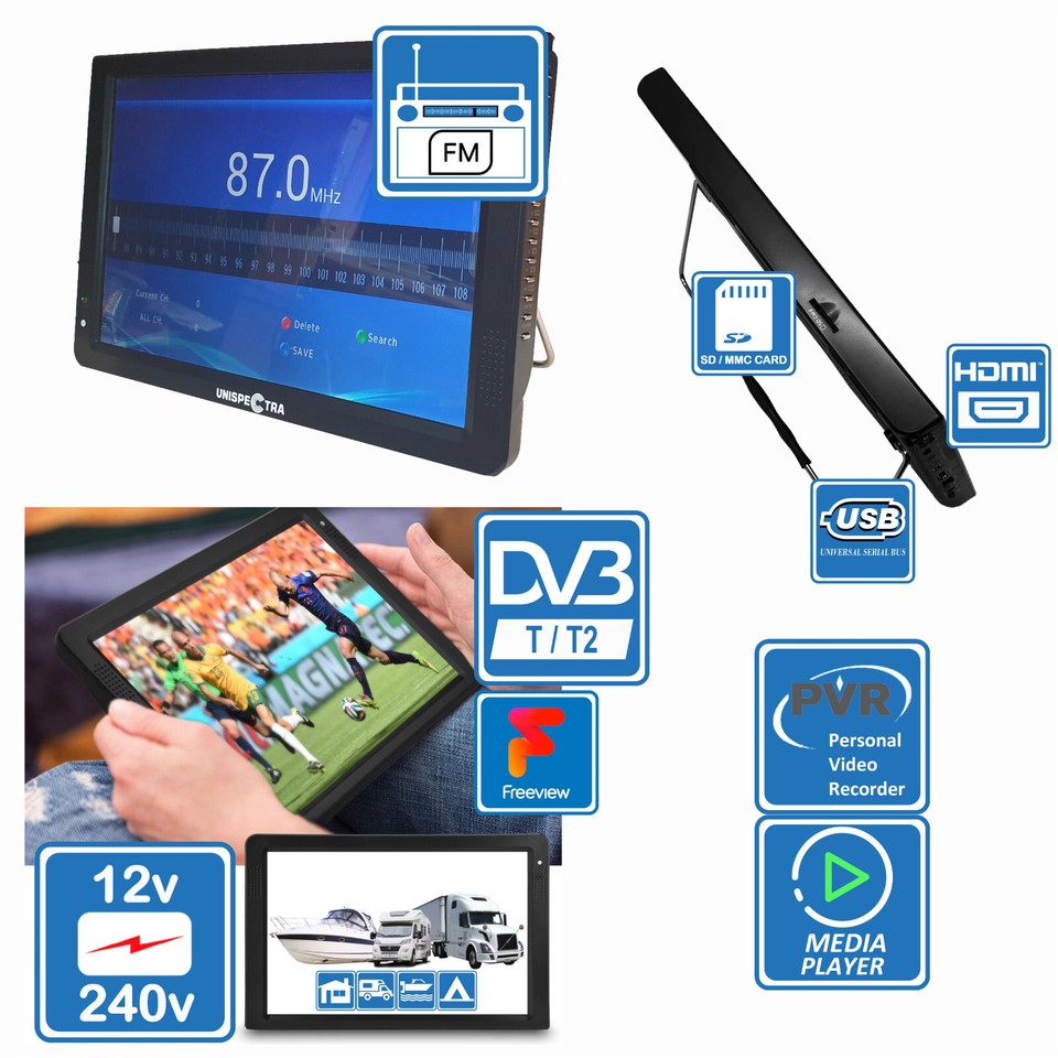 Motorhome Caravan Boat 12" Inch PORTABLE TV Freeview HD USB & SD PVR 12 ...