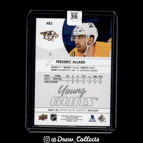 2021-22 Upper Deck #483 Frederic Allard Nashville Predators Young Guns ...