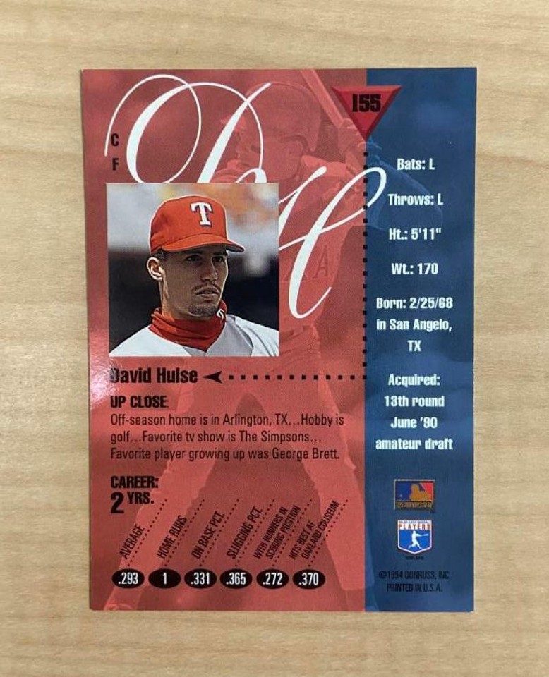 DAVID HULSE TEXAS RANGERS SIGNED 1994 DONRUSS STUDIO CARD #155 W/COA | eBay