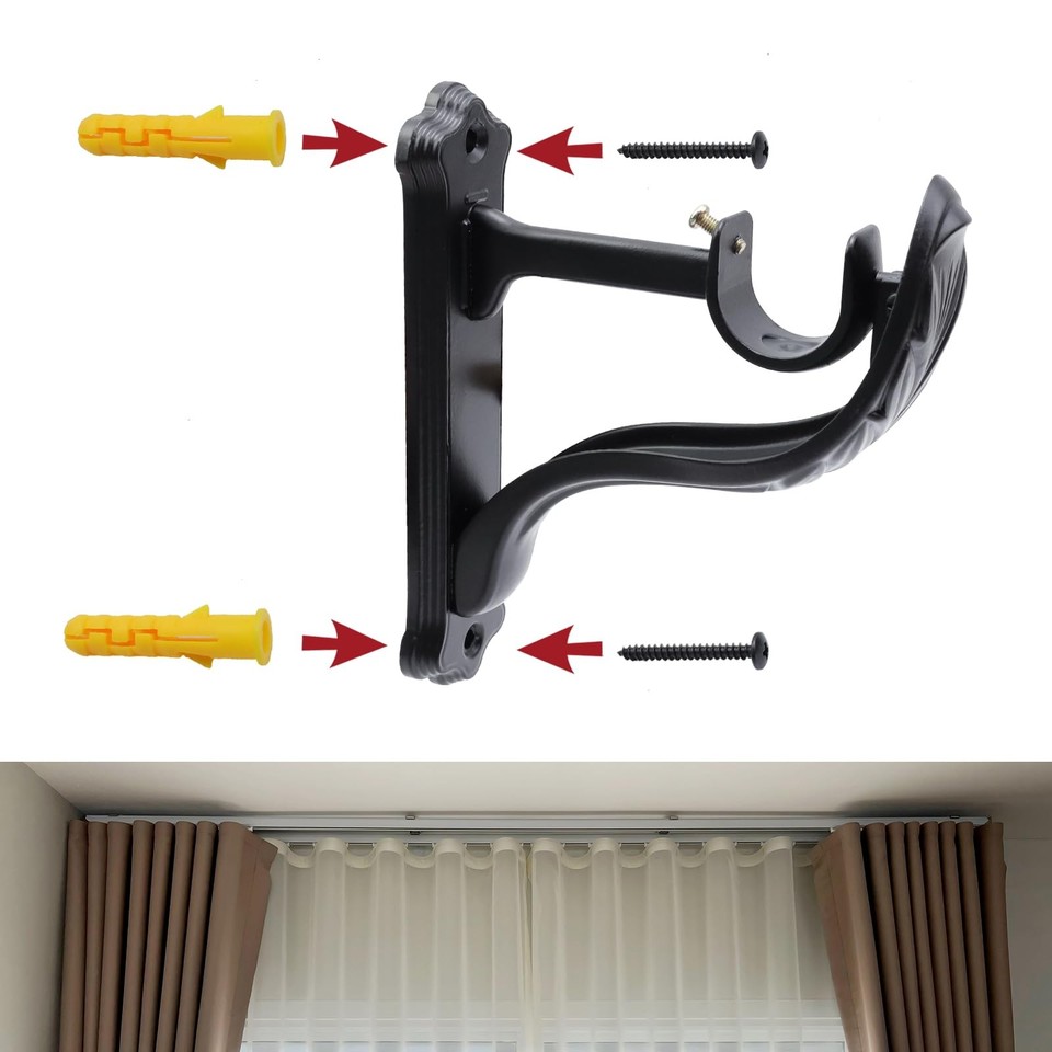 2 Pack Feather Shape Metal Curtain Rod Brackets - Heavy Duty Decorative ...