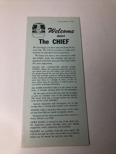 January 6 ,1963 Santa Fe Line Railroad San Francisco Chief timetable ...