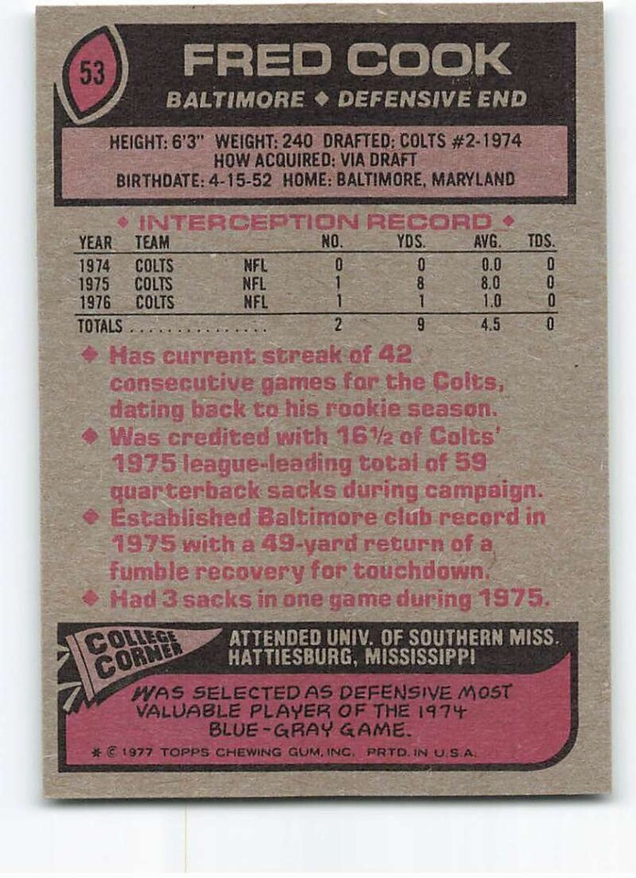 1977 Topps #53 Fred Cook EX Excellent Colts 114872 | eBay