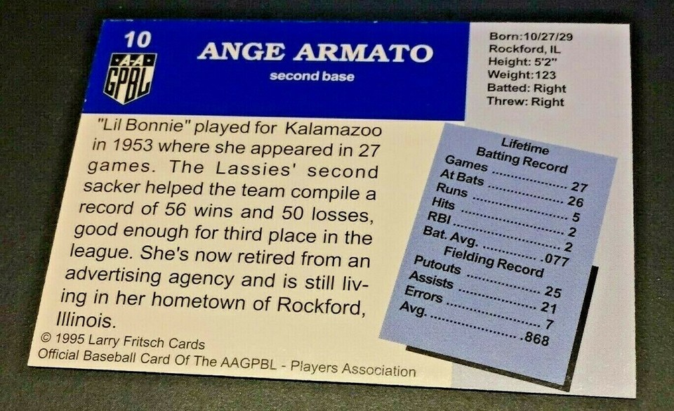 ANGE ARMATO Personally Autographed Fritsch AAGPBL #10 Baseball Card ...