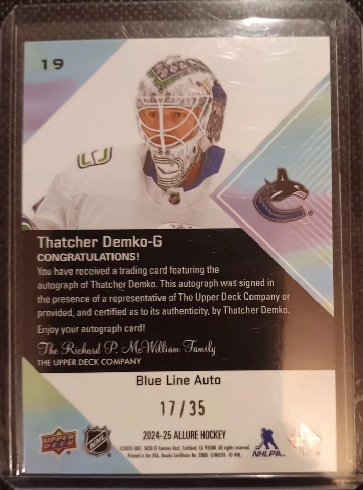 2024-25 UD ALLURE BLUE LINE AUTOGRAPH #19 THATCHER DEMKO /35 Vancouver ...