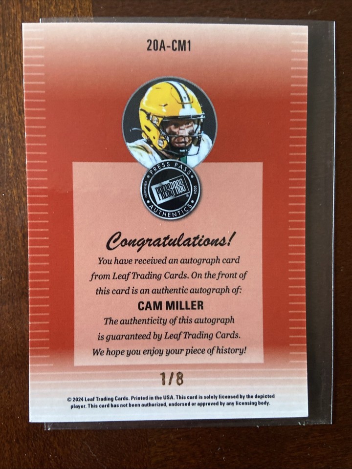 2024 Leaf Press Pass RC Cam Miller AUTO 1/8 Purple Shimmer Raiders ...