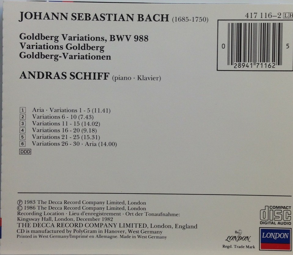 Andras Schiff - Bach: Goldberg Variations, BWV 988 (CD 1986 London ...