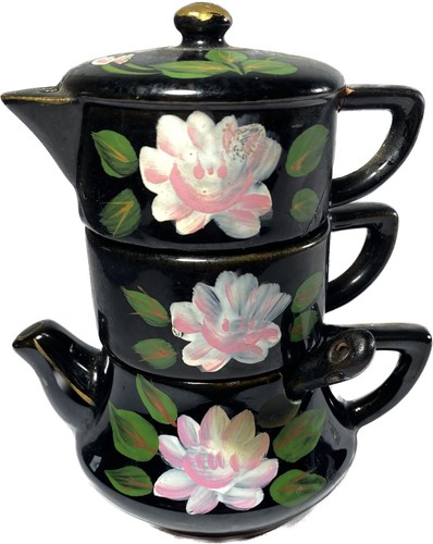 Vintage Victoria Ceramics Japan Stacking Teapot Set Black Flowers ...