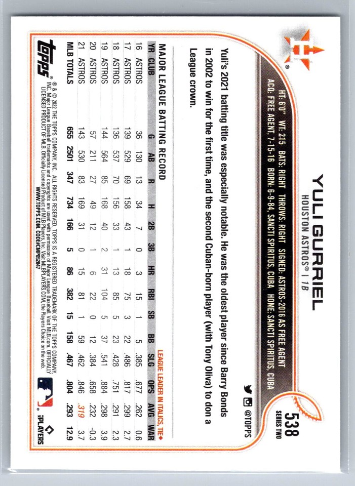 2022 Topps #538 Yuli Gurriel | eBay