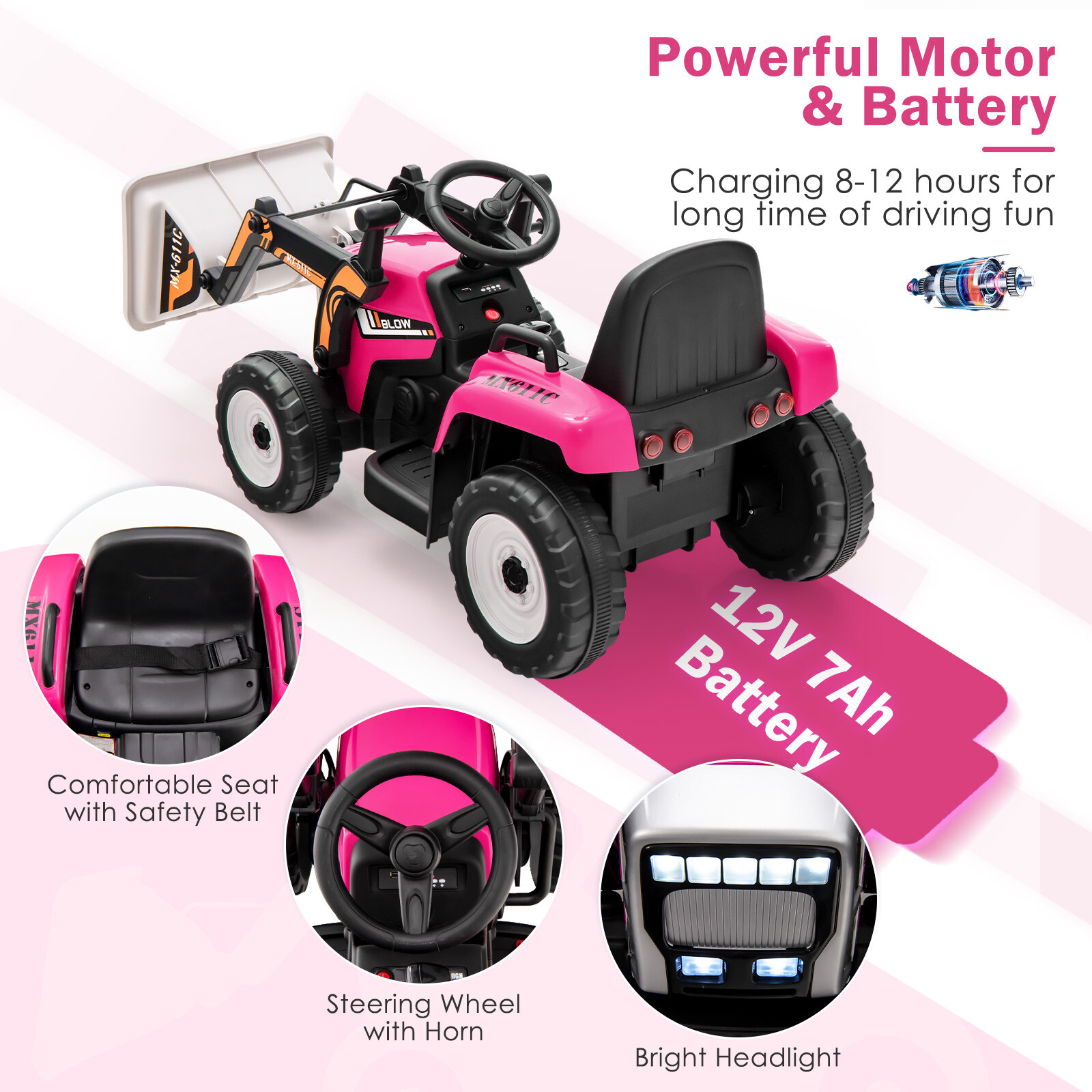 12V Electric Pink Excavator Digger Tractor with RC Control and Digging
