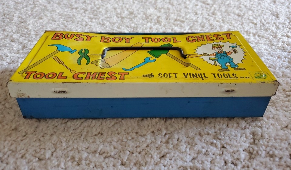 OHIO ART BUSY BOY Tool Chest Metal Toy Tool Box 4 Tools Inside #660A174 ...