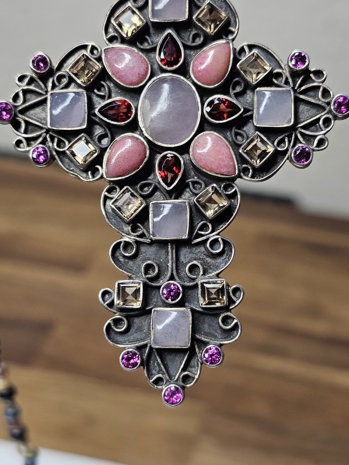 NICKY BUTLER Sterling Silver Gemstone Quartz Rhodolite Cross Pendant ...