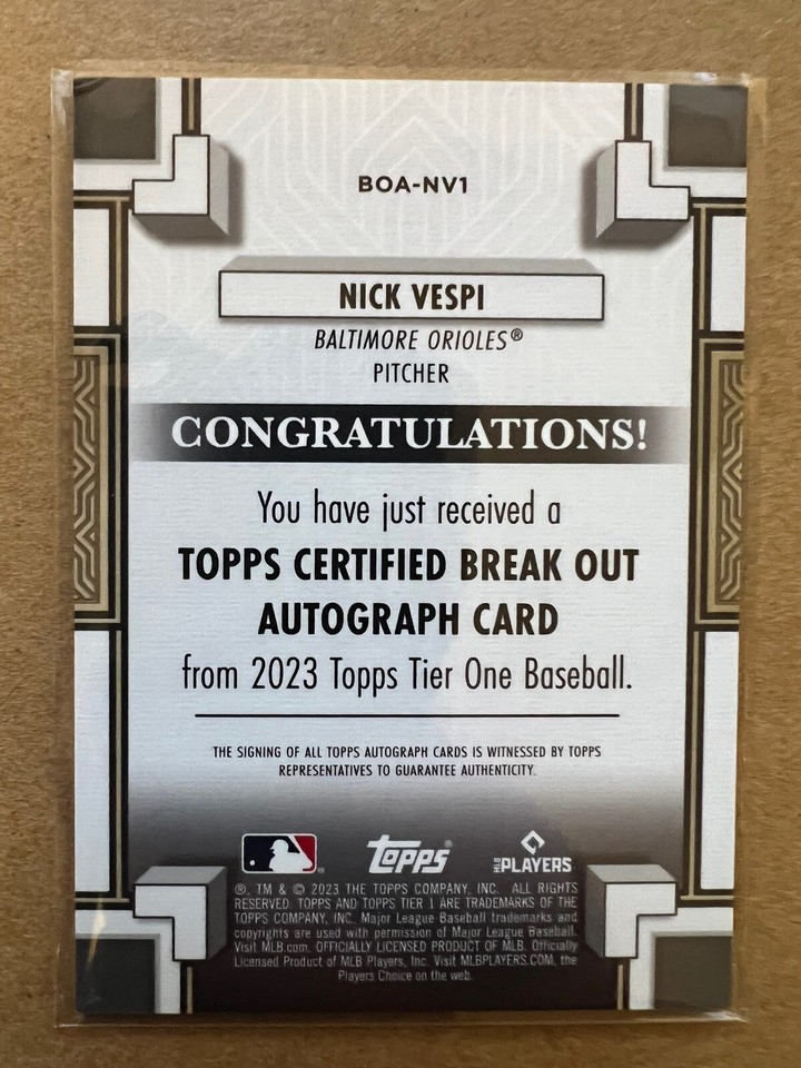 Nick Vespi 2023 Topps Tier One #BOA-NV1 Baltimore Orioles 271/299 | eBay