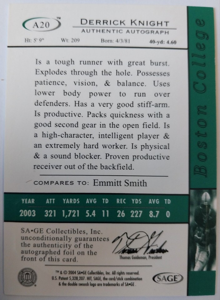 Derrick Knight 2004 Sage Football Collectable.Boston College | eBay