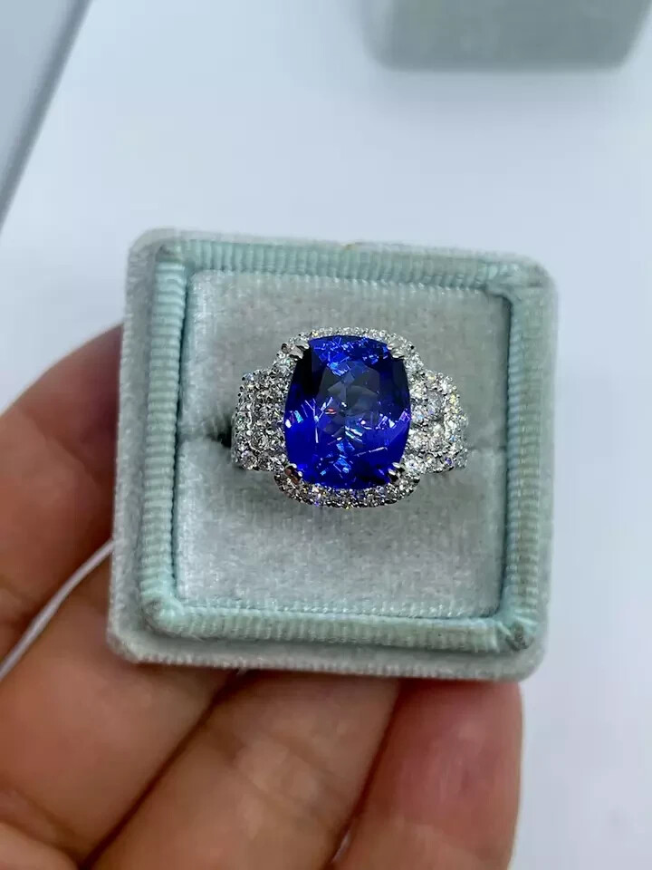 3Ct Cushion Cut Lab-Created Tanzanite Halo Engagement Ring 14K White ...