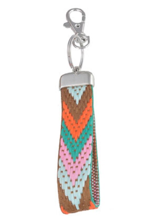 Silver coloured Metal key fob decorated with multi coloured textile ...