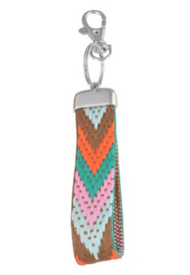 Silver coloured Metal key fob decorated with multi coloured textile ...