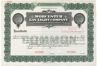 Worcester Gas Light Company. Stock Certificate. | eBay