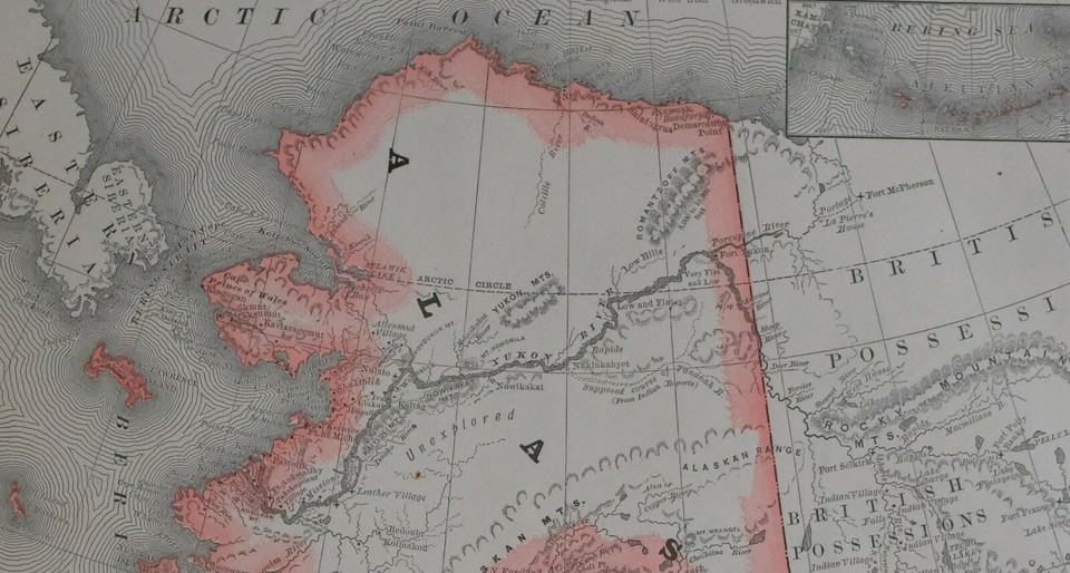 1890 ORIGINAL MAP ALASKA CAPES POINTS ISLANDS LAKES RIVERS & TOWNS ...