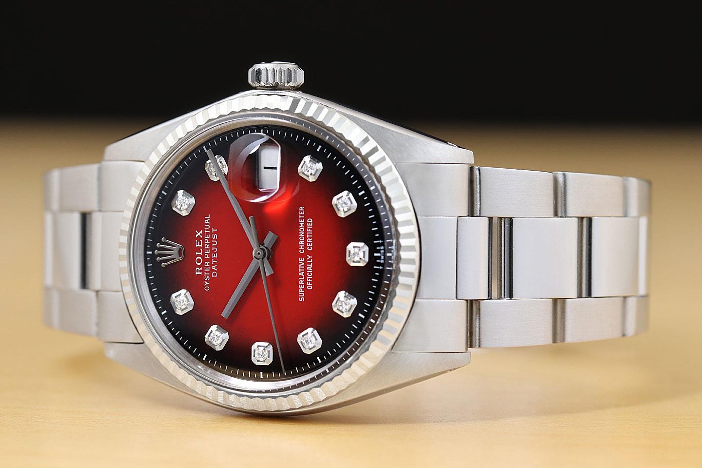 ROLEX MENS DATEJUST 18K WHITE GOLD & STEEL RED VIGNETTE DIAMOND 1601 ...