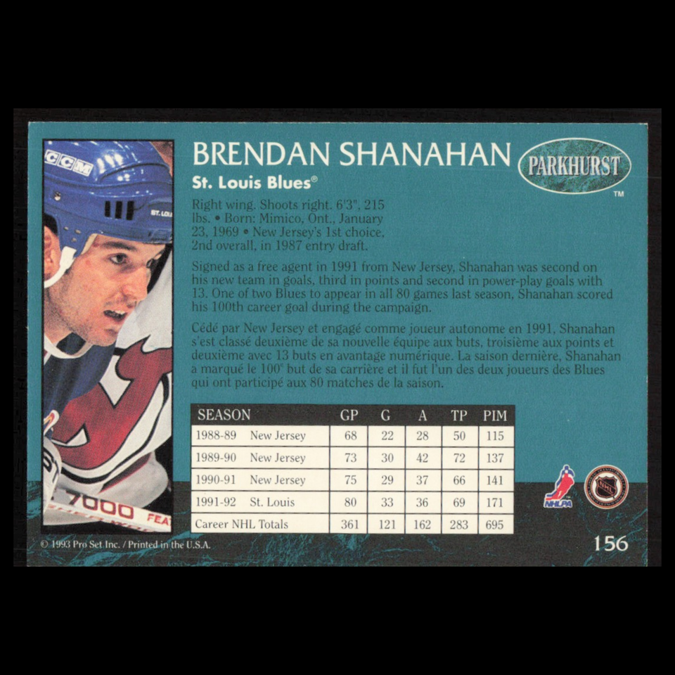 Brendan Shanahan #156 1992 Parkhurst St. Louis Blues Hockey Card NHL NM ...