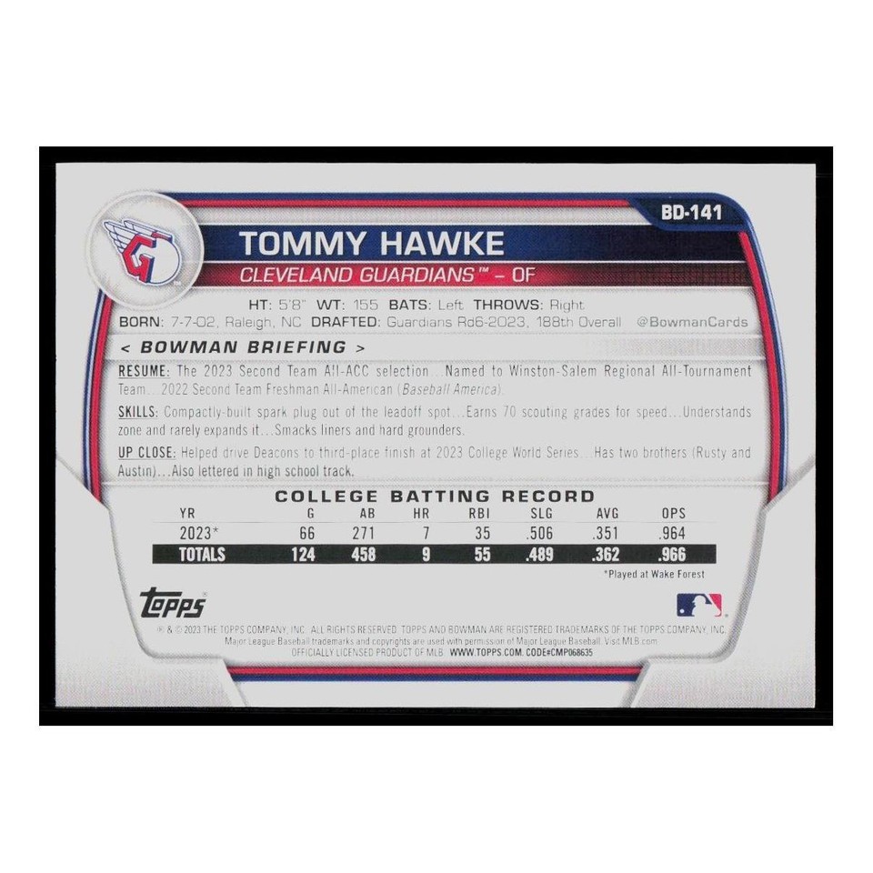 2023 Bowman Draft #BD-141 Tommy Hawke Rookie Cleveland Guardians ...