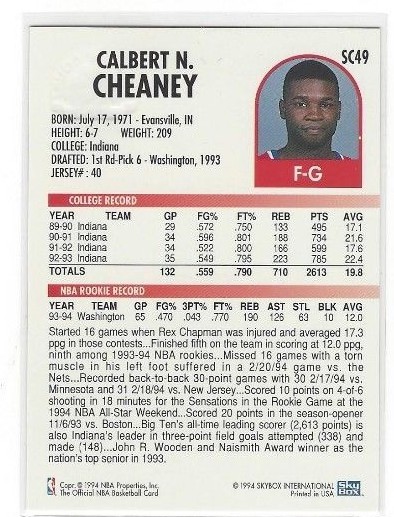 1994-95 HOOPS BASKETBALL SUPREME COURT CALBERT CHEANEY #SC49 WASHINGTON ...