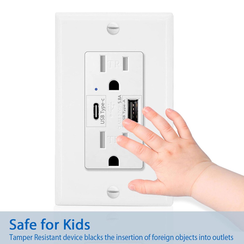 5.8A High-Speed USB C Wall Outlet Charger Duplex Tamper-Resistant ...