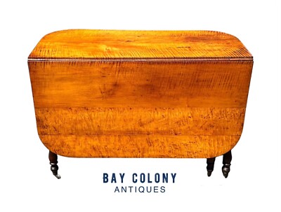 EARLY 19TH CENTURY ANTIQUE FEDERAL TIGER MAPLE & CHERRY DROPLEAF BAKERS ...