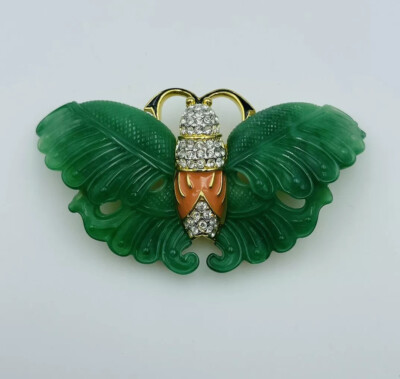 KJL Kenneth Lane Vintage Gold Plated Rhinestone Enamel Green Resin ...