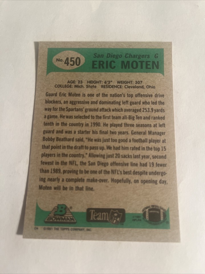 1991 Bowman Eric Moten RC Rookie #450 San Diego Chargers Michigan State ...