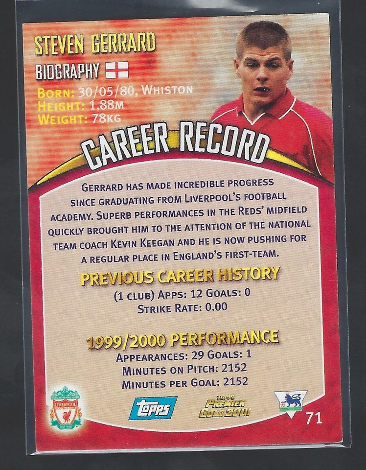 RARE 2001 TOPPS PREMIER GOLD - STEVEN GERRARD - LIVERPOOL TEAM CARD | eBay