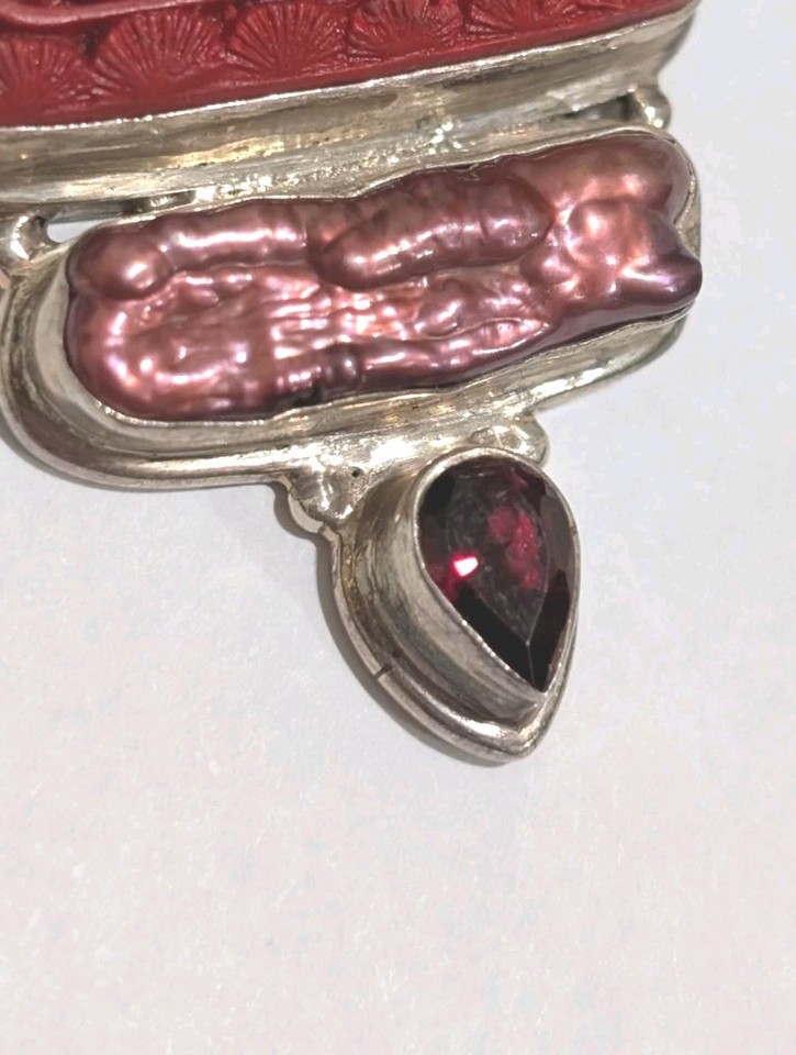 Sterling Silver Cinnabar Lacquer Pearl Red Beryl Emerald Multi Strand ...