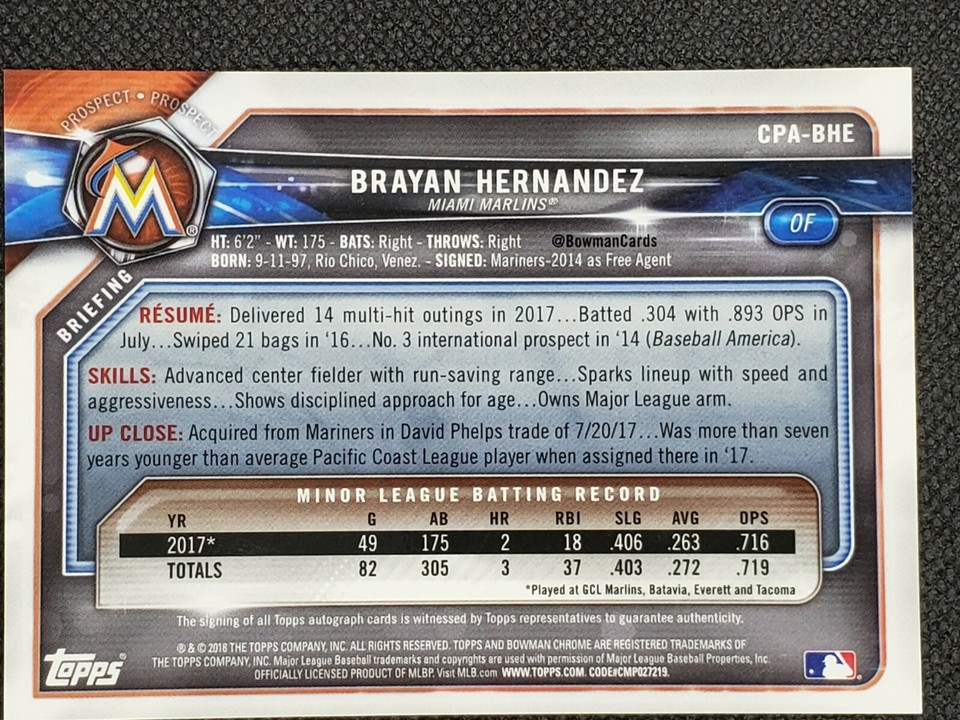 BRAYAN HERNANDEZ 2018 Topps Bowman Chrome Prospect 1st Rookie RC AUTO ...