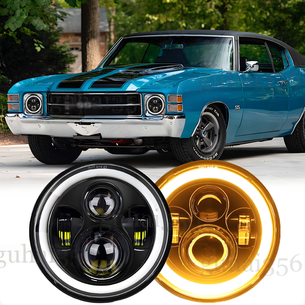 Pair 7INCH Round Led Halo Headlights HI/LO Fit Chevy Chevelle 1971 1972 ...