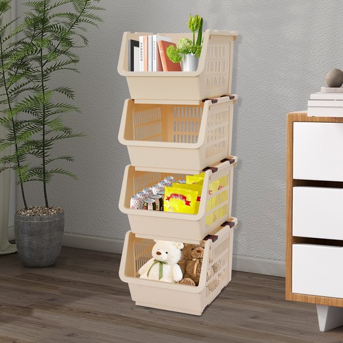4 PCS Beige Rectangular Stacking Storage Baskets Modern Stackable ...