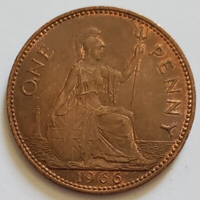 1966 Penny UK; Great Britain; Queen Elizabeth II; Circulated;KM#897 ...