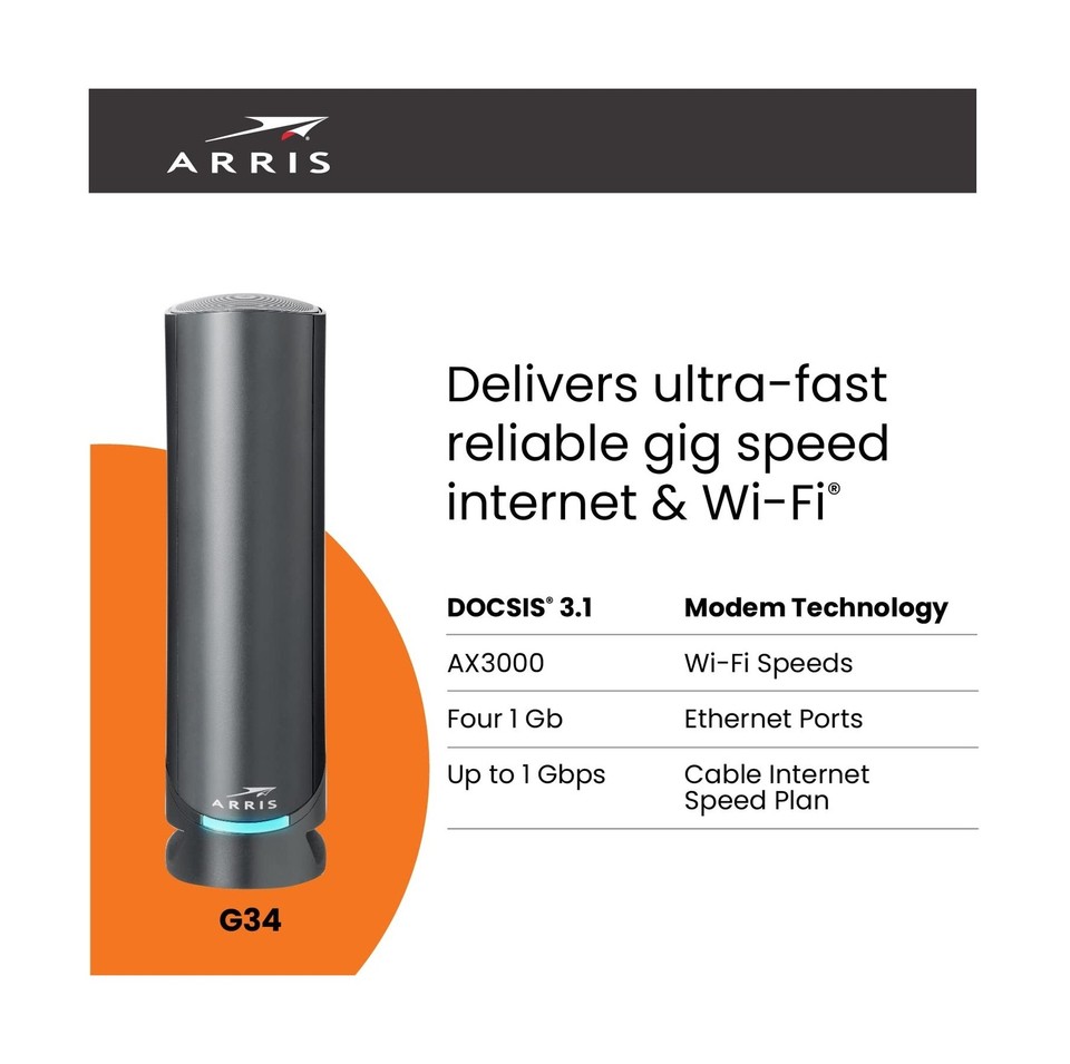 ARRIS Surfboard G34 DOCSIS 3.1 Gigabit Cable Modem & Wi-Fi 6 Router ...