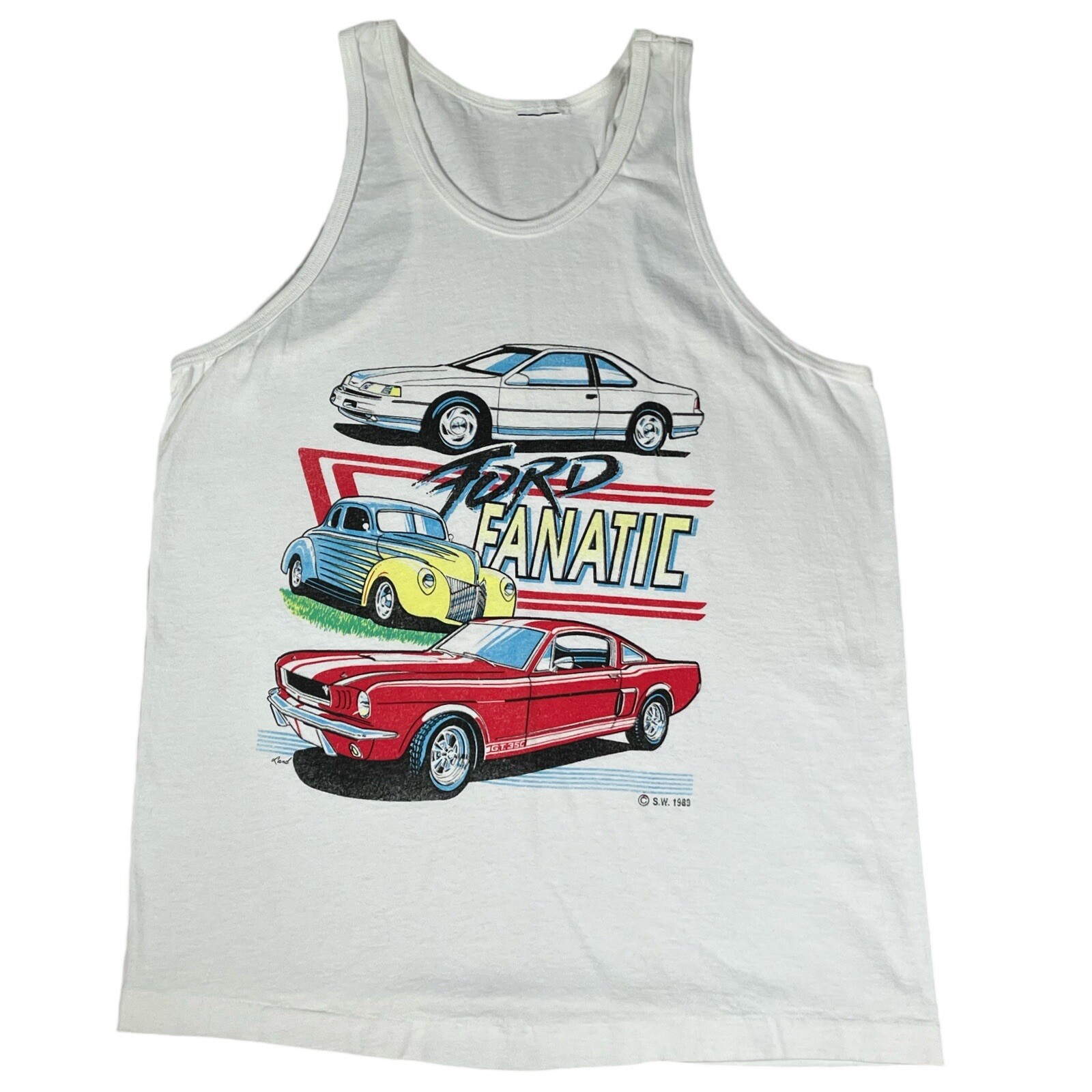 1989 Ford Fanatic Graphic Print White Vintage Tank To… - Gem