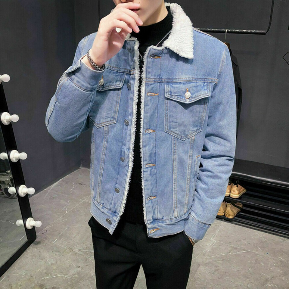 Mens Winter Thermal Sherpa Lined Blazer Denim Jacket Jeans Tops Coat ...