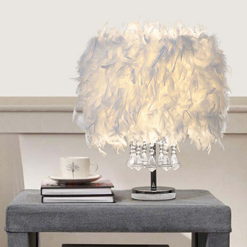 Feather Shade Table Lamp White Lampshade Bedside Night Light Room Home ...