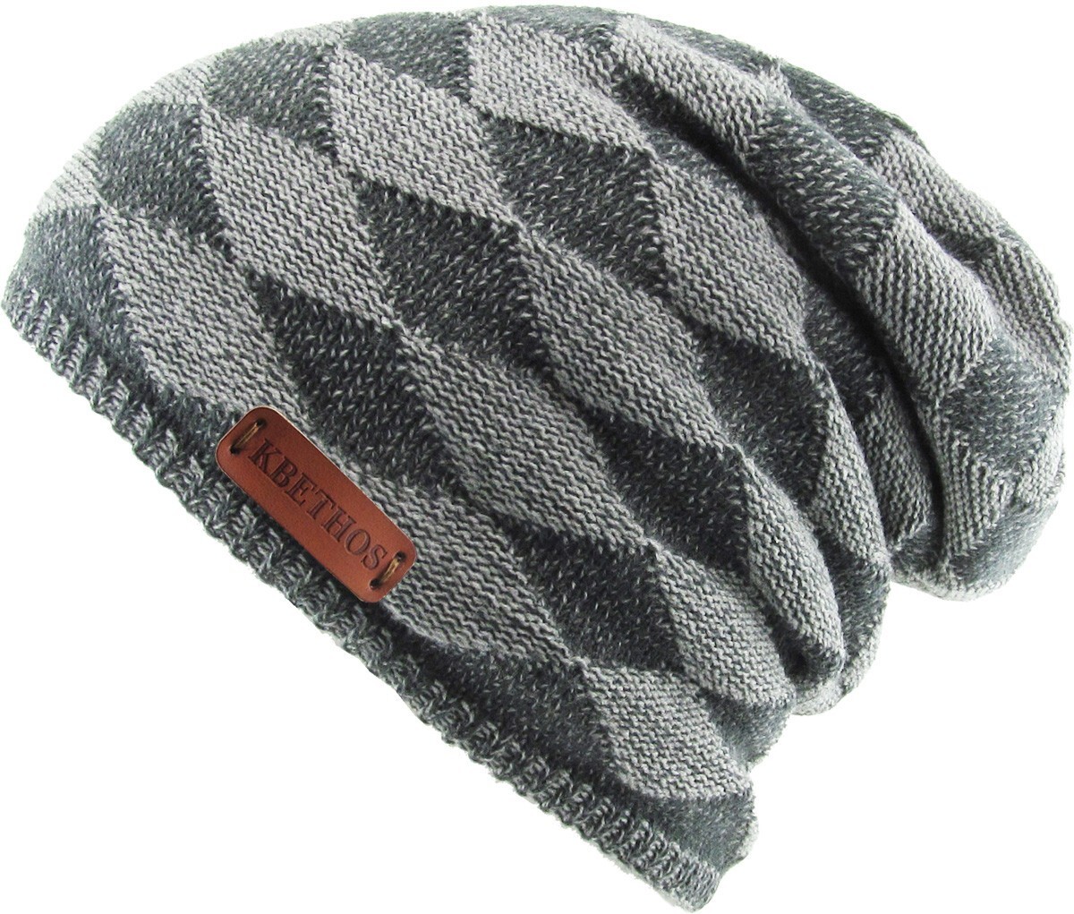 KB ETHOS Diamond Knit Slouch Sherpa Fleece Lined Gray Winter Hat Beanie ...