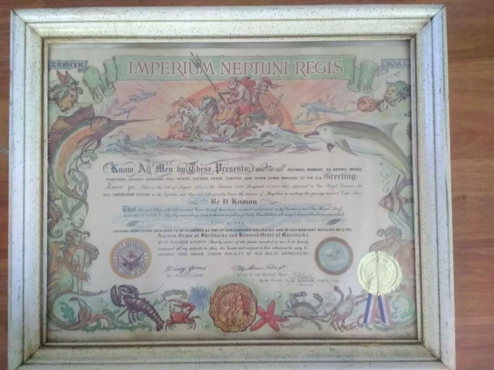 FRAMED 1962 Issued Shellback Imperium Neptuni Regis Certificate Paul E ...