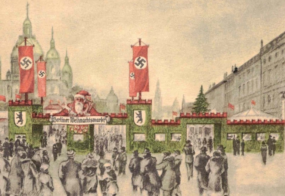 RARE 1936 CHRISTMAS POSTCARD BERLIN CHRISTMAS MARKET SANTA NAZI FLAGS ...