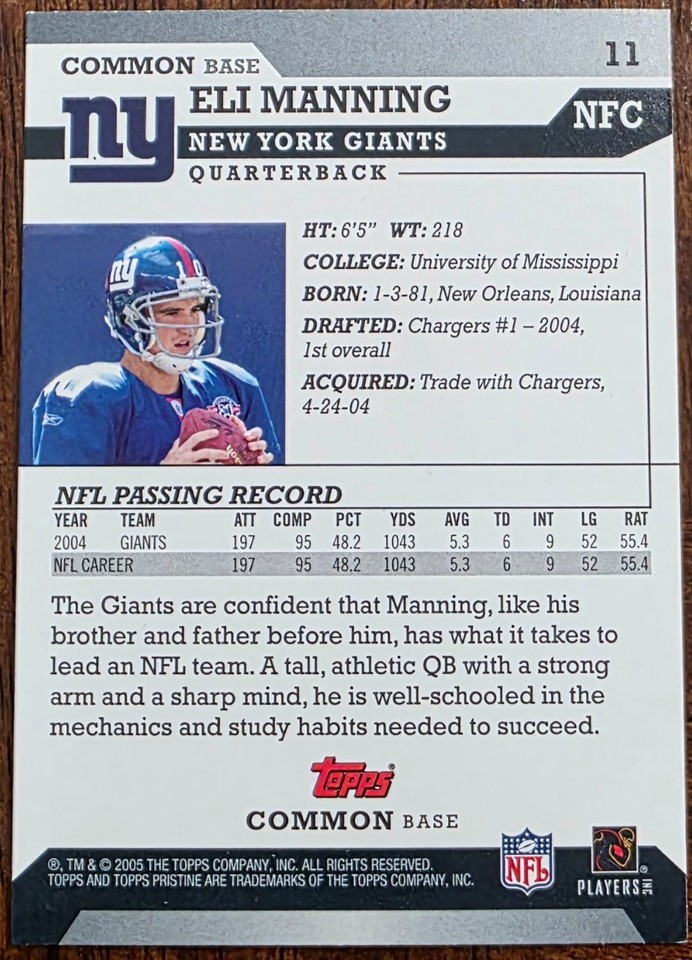 2005 TOPPS PRISTINE ELI MANNING NEW YORK GIANTS CARD #11 | eBay