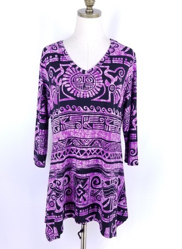 Jostar Tunic Top Womens Size M Purple Aztec Print Shark Bite Hem V-Neck | eBay