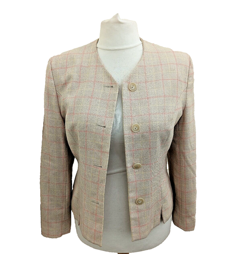Alexon Collarless Wool Jacket Blazer Beige Pink Yellow Check Career ...