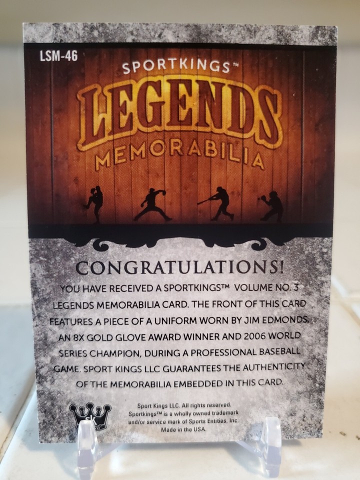 2022 SportKings JIM EDMONDS Cardinals Game Worn Jersey Relic #LSM-46 ...