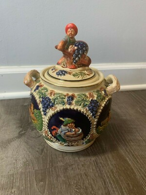 VTG GERZ HANDGEMALT GERMANY PUNCH CIDER WINE BOWL TUREEN W/ FIGURAL LID ...