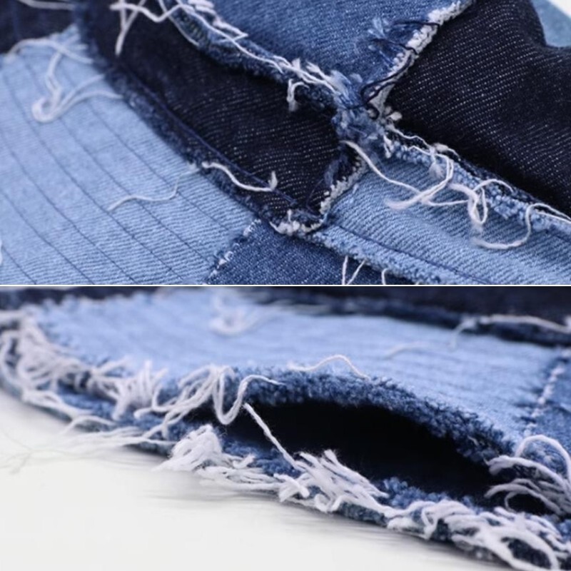 Men Lady Denim Bucket Hat Fisherman Cap Distressed Splice Two Tone ...