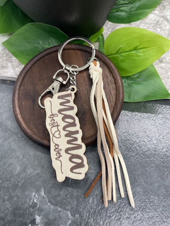 4" Silver-Tone Leather Tassel MAMA Wood Pendant Keychain New Free Ship ...